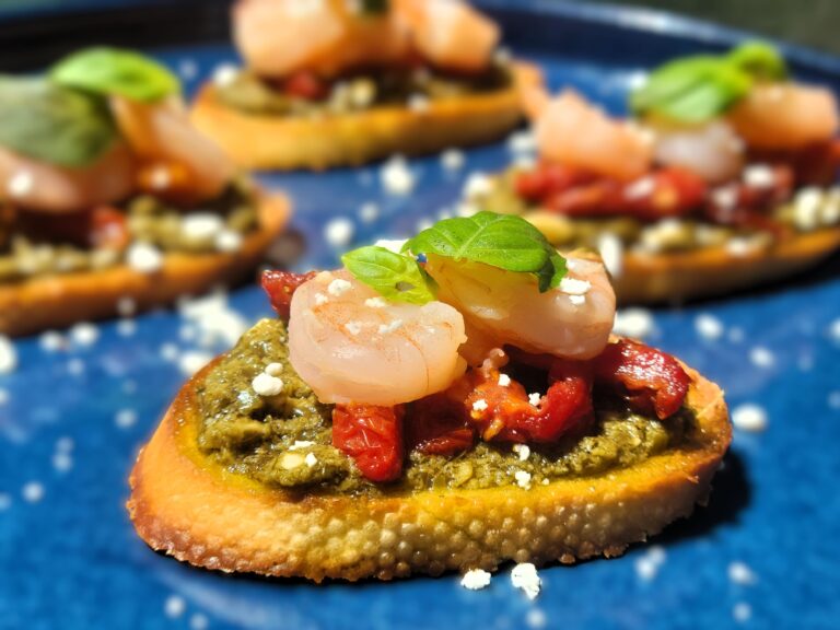 Pesto Garlic Shrimp Bruschetta – Fritterings